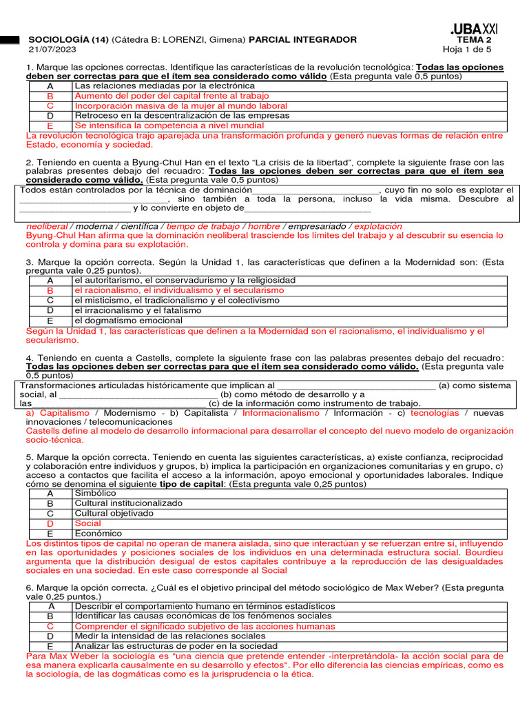 Grilla Corrección Sociologia Tema 2 Sociología B - PARCIAL INTEGRADOR CII 2023 | PDF ...