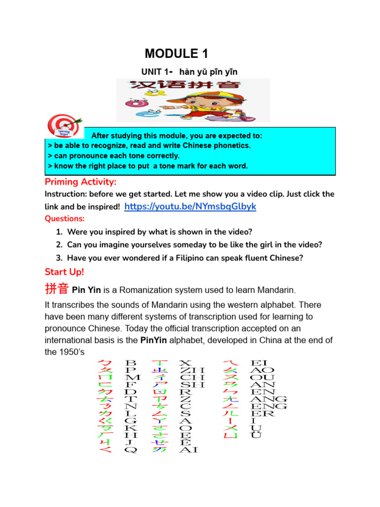Foreign Language Module 1 | PDF | Tone (Linguistics) | Pinyin