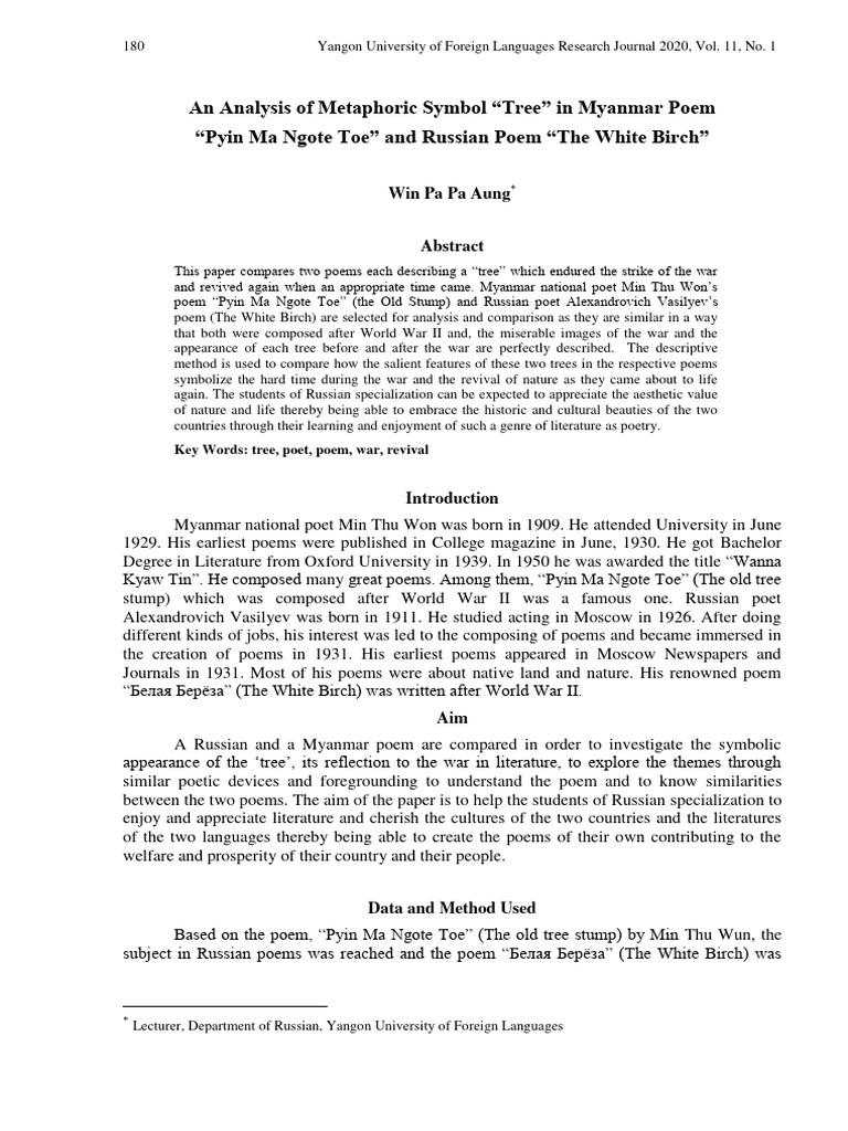 An Analysis of Metaphoric Symbol “Tree” in Myanmar Poem “Pyin Ma Ngote ...