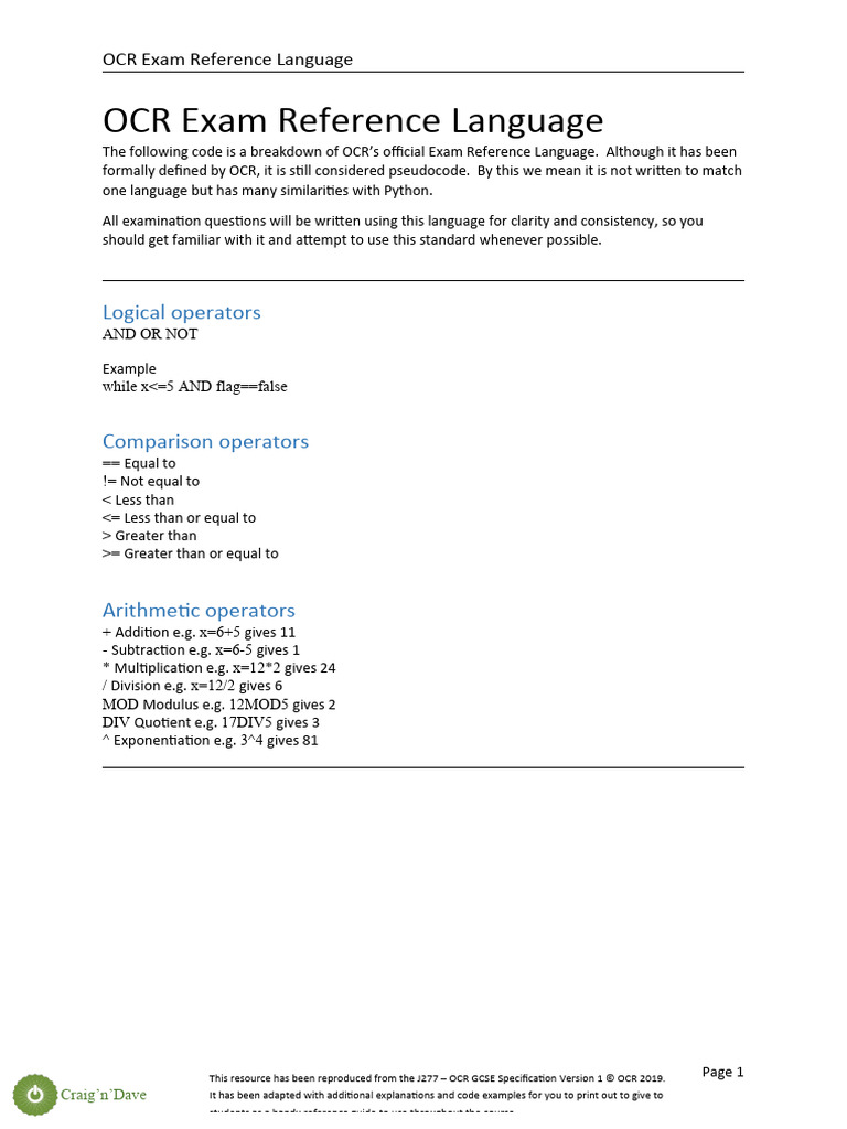 21 Ocr Reference Language Guide Exam Pseudocode Pdf Variable Computer Science String