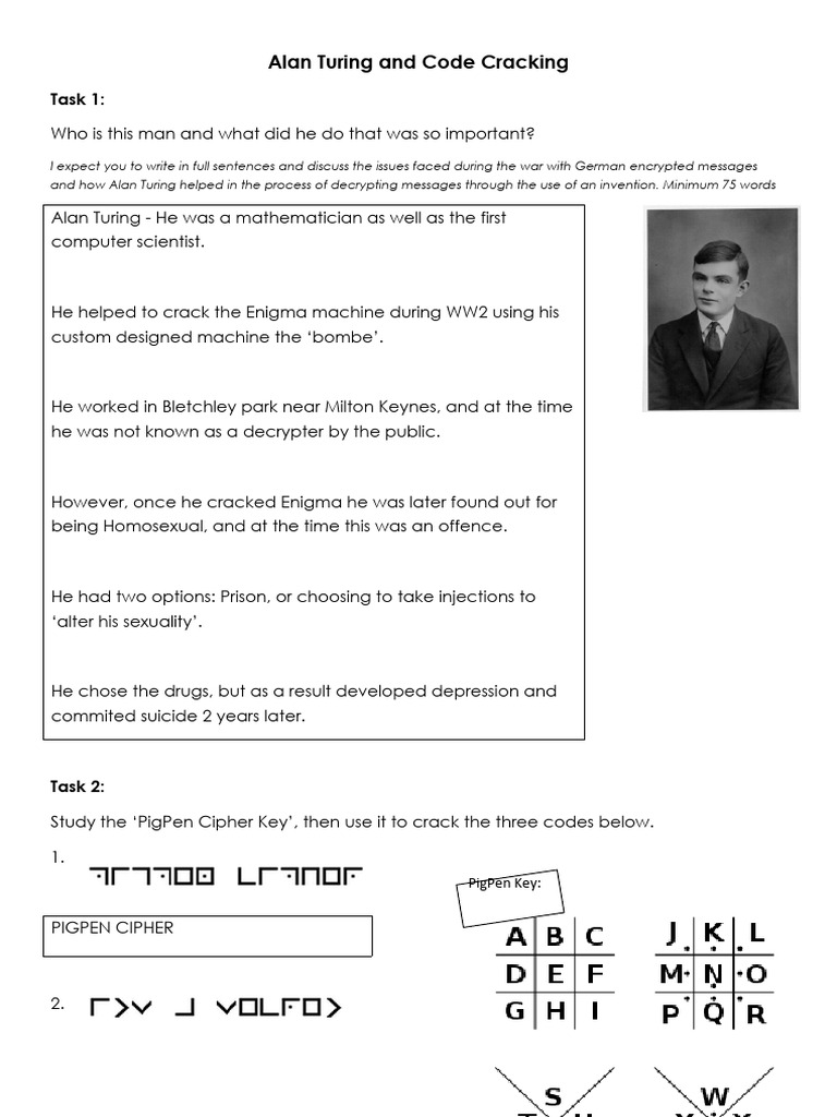 Lesson 1 - Alan Turing Worksheet 2023 | PDF | Cipher | Encryption