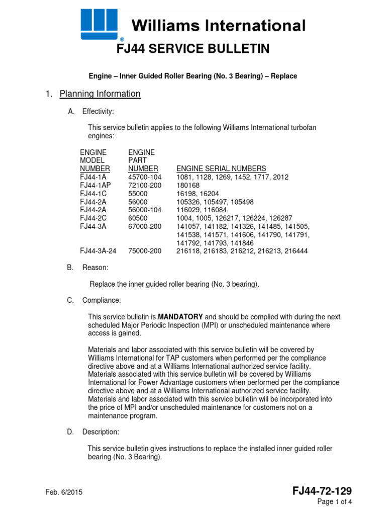 FJ44-72-129 - Feb. 6, 2015 | PDF | Bearing (Mechanical) | Turbine