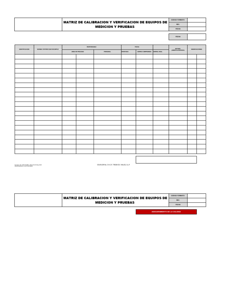 Matriz de Calibracion Equipos e Instrumentos de Medicion y Pruebas ...