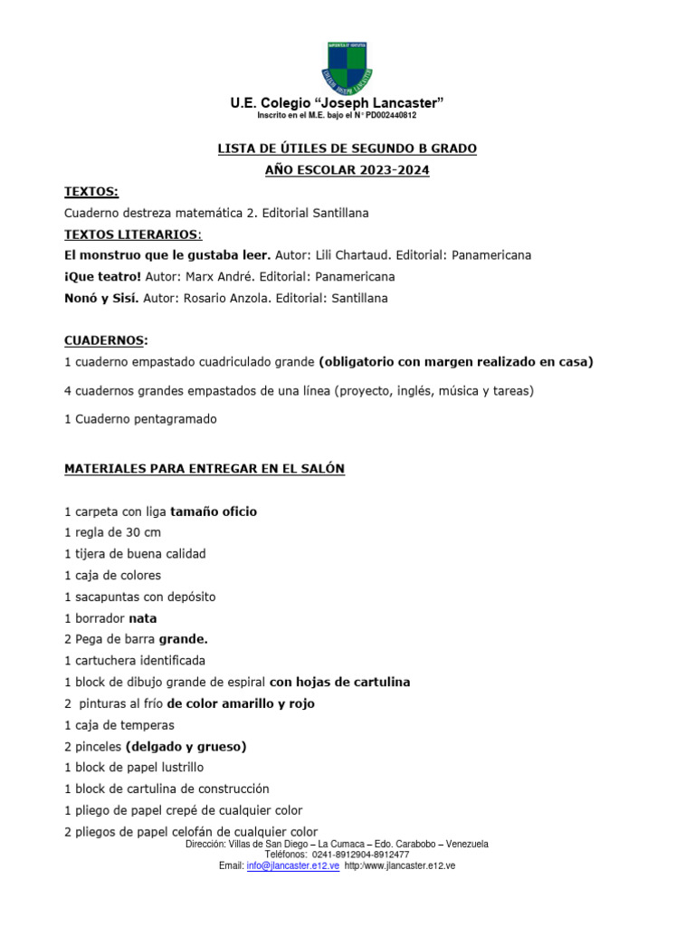 Lista de Utiles de Segundo B Grado | PDF | Escritura | Trabajo de oficina Lista de Utiles de Segundo B Grado | PDF | Escritura | Trabajo de oficina
