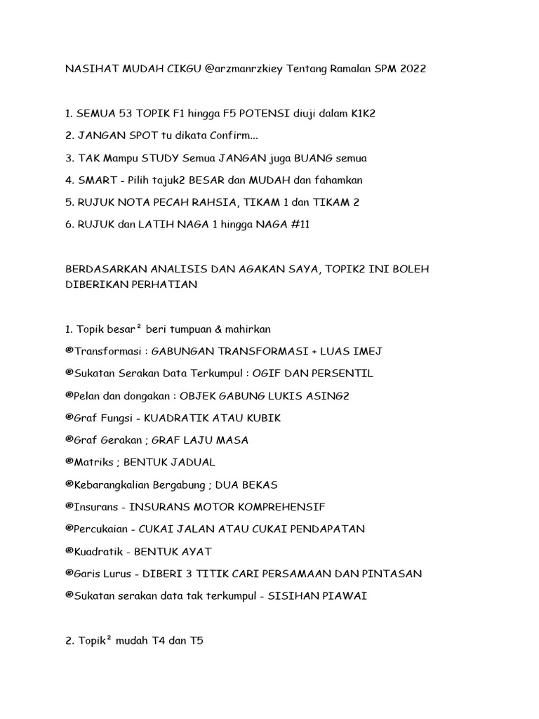 Ramalan Soalan Matematik 2022 | PDF