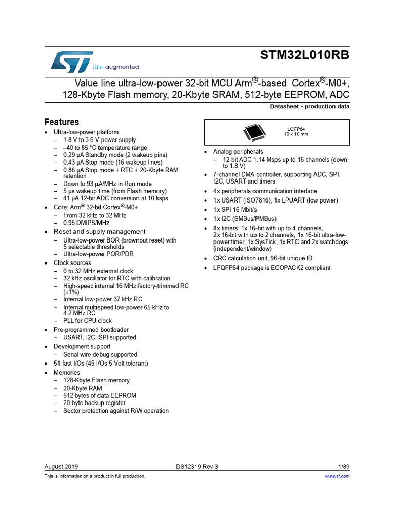 stm32l010rb Datasheet | PDF | Microcontroller | Power Supply