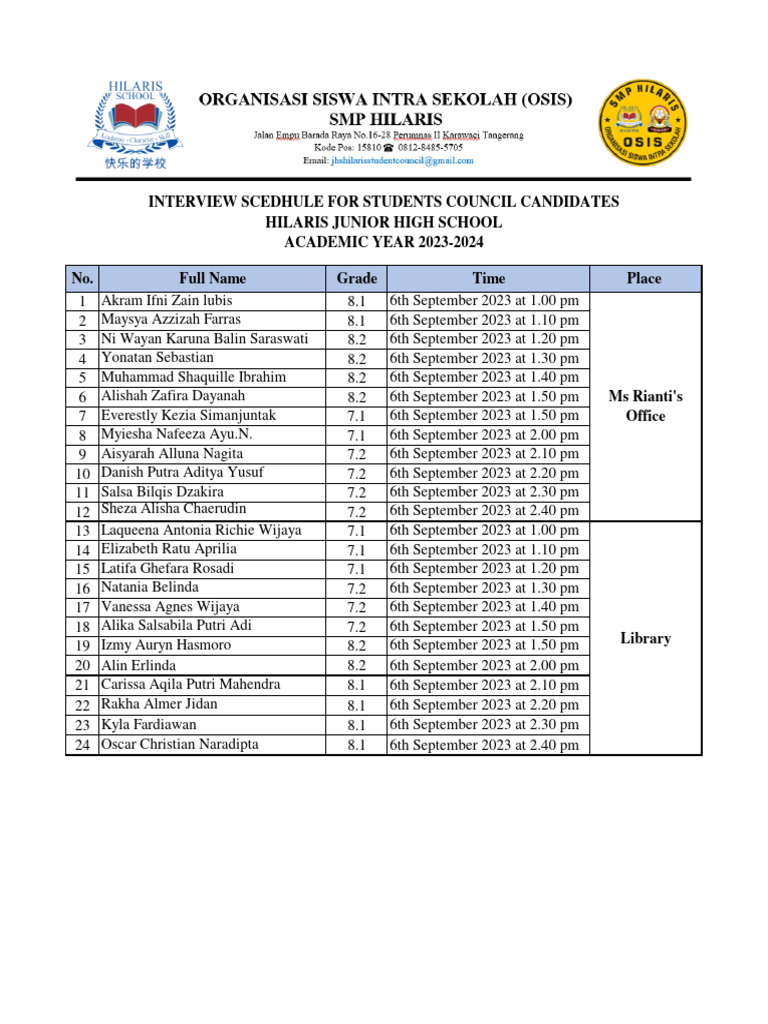 Student Council Interview Schedule 2023-2024 | PDF