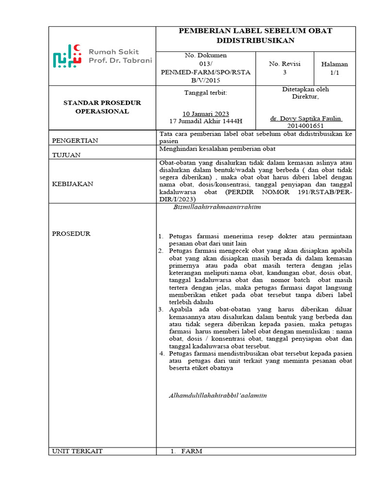 Spo Pemebrian Label Sebelum Obat Didistribusikan | PDF