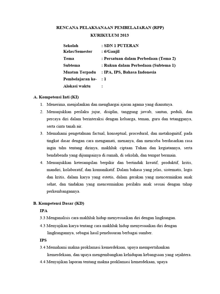RRP Kelas 6 Tema 2 Subtema 1 Pembelajaran 1 | PDF