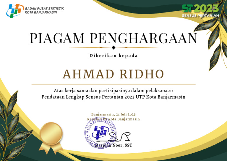 Piagam Penghargaan ST2023-UTP Ahmad Ridho | PDF
