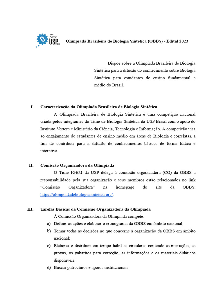 Edital OBBS 2023: Inscrições e Regras | PDF | Química | Brasil