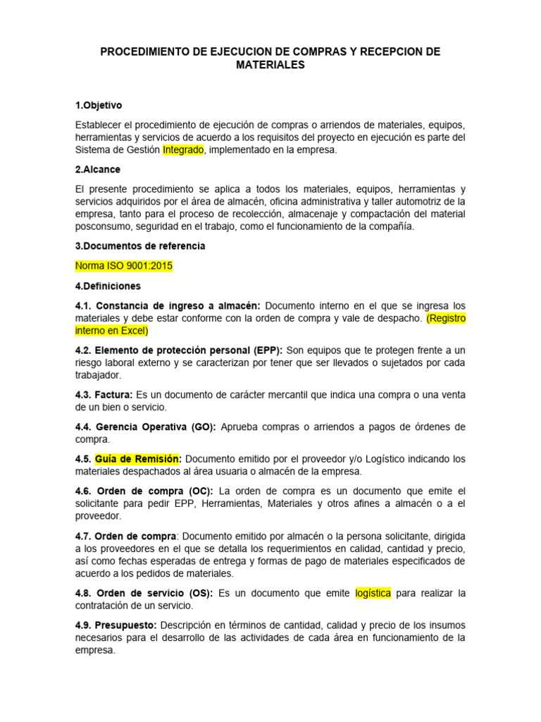 Procedimiento de Ejecucion de Compras y Recepcion de Materiales | PDF | Calidad (comercial ...