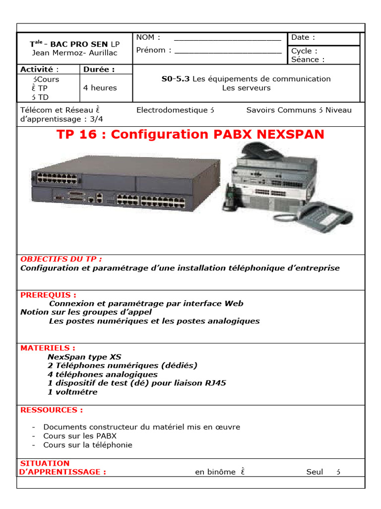 Configuration PABX NEXSPAN en TP | PDF | Réseau téléphonique commuté | Téléphone