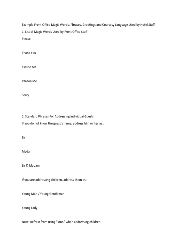 Example Front Office Magic Words | PDF | Madam | Gentleman