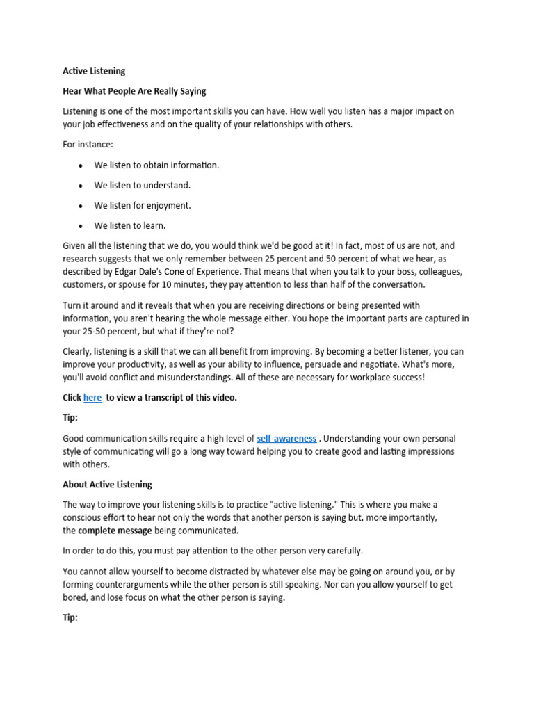 Active Listening | PDF | Body Language | Nonverbal Communication