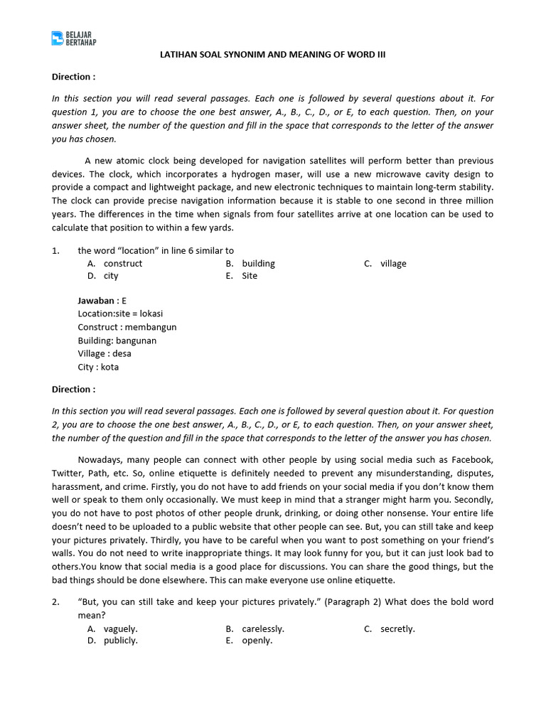 Latihan Synonim And Meaning Of Word III PDF Elephant