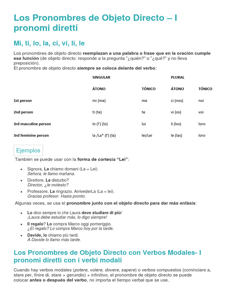 Los Pronombres de Objeto Directo | PDF | Objeto (gramática) | Verbo