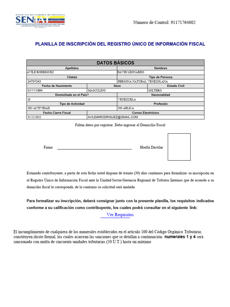 Planilla Rif 2 | PDF | Venezuela | Multa (pena)