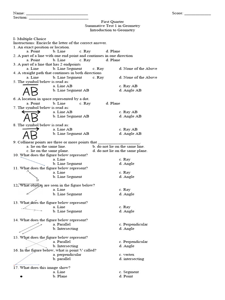 Geometry SUMMATIVE TEST 1-Q1 | PDF | Line (Geometry) | Geometry