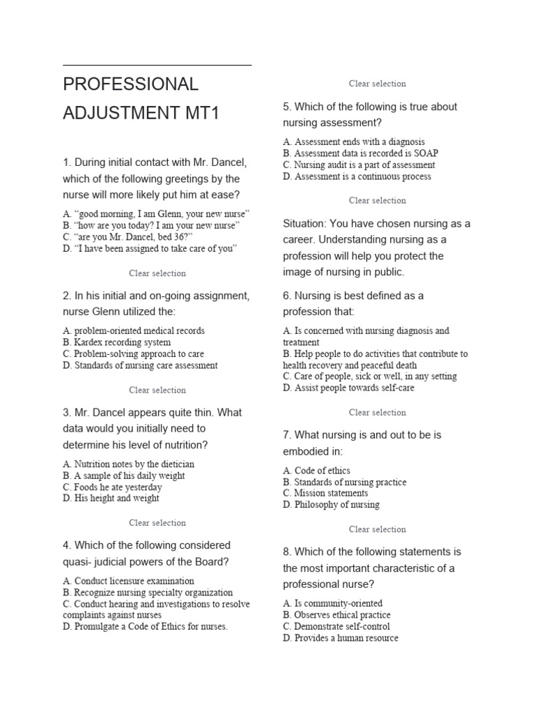Professional Adjustment MT1 | PDF | Nursing | Health Care