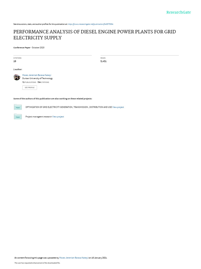 Performance Analysis of Diesel Engine Power Plants For Grid Electricity ...