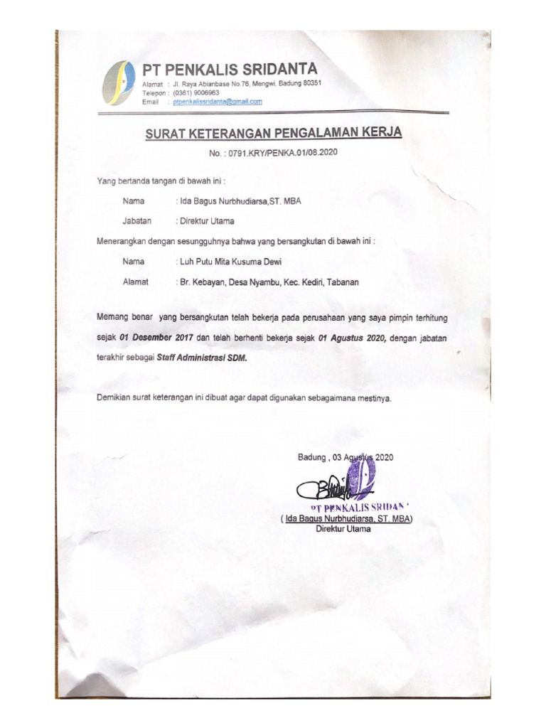 Surat Keterangan Pengalaman Kerja | PDF