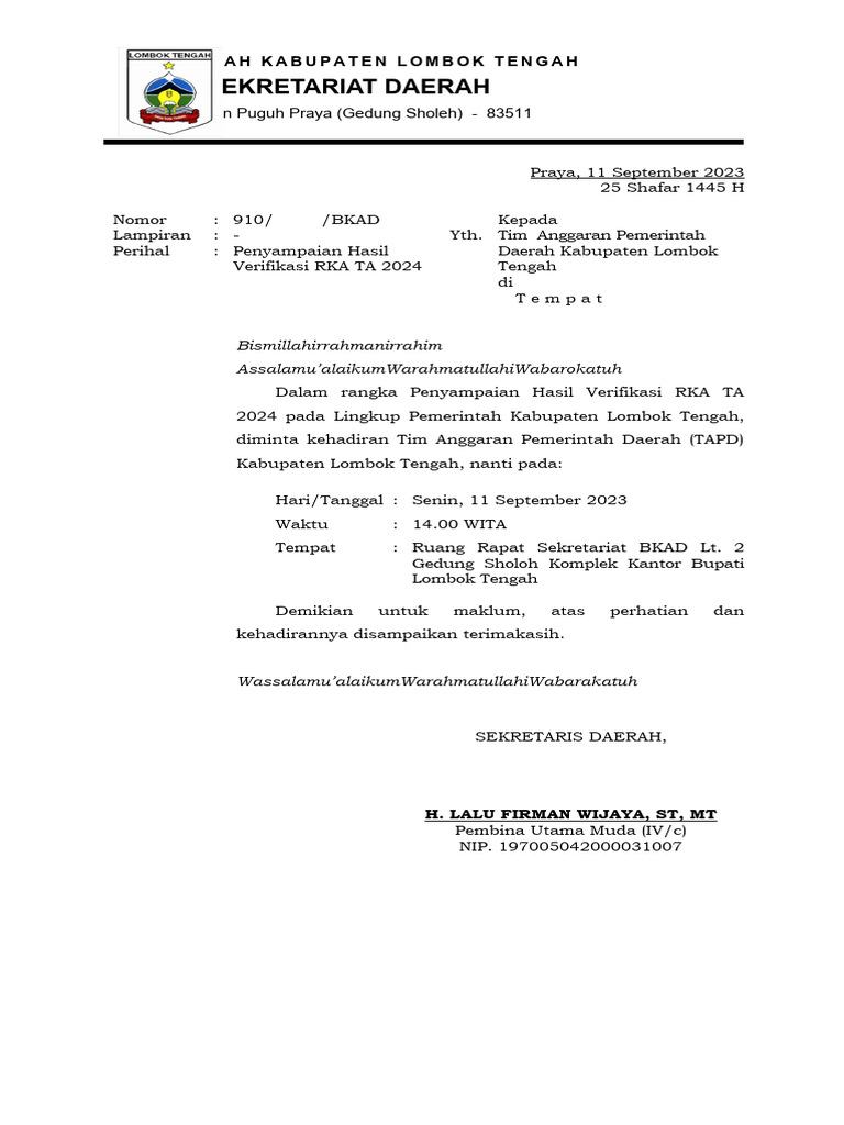 SURAT UNDANGAN TAPD Verifikasi 2024 | PDF