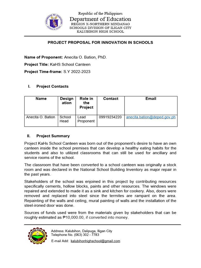 KaHS School Canteen Project Proposal | PDF | Science & Mathematics