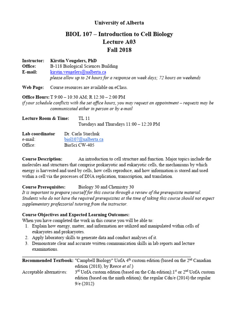 BIOL 107 Syllabus - Fall 2018 | PDF | Cell (Biology) | Academic Dishonesty