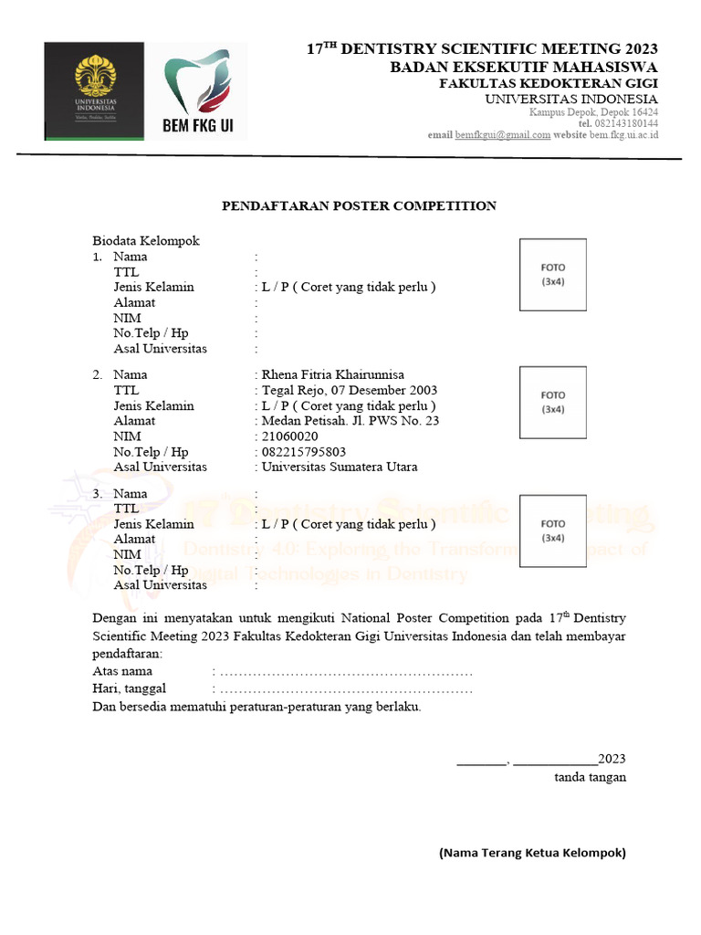 03 - Formulir Pendaftaran NPC 17th DSM Dentistry UI 2023 | PDF