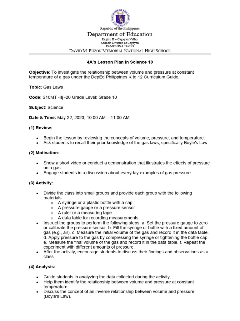 4a's Lesson Plan | PDF | Gases | Pressure