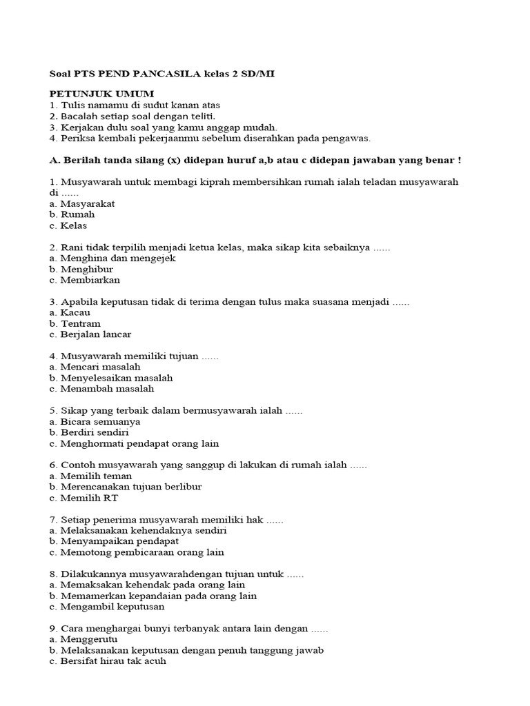 Soal Pts Pend Pancasila Kelas 2 SD Mi Dan Kunci Jawaban | PDF