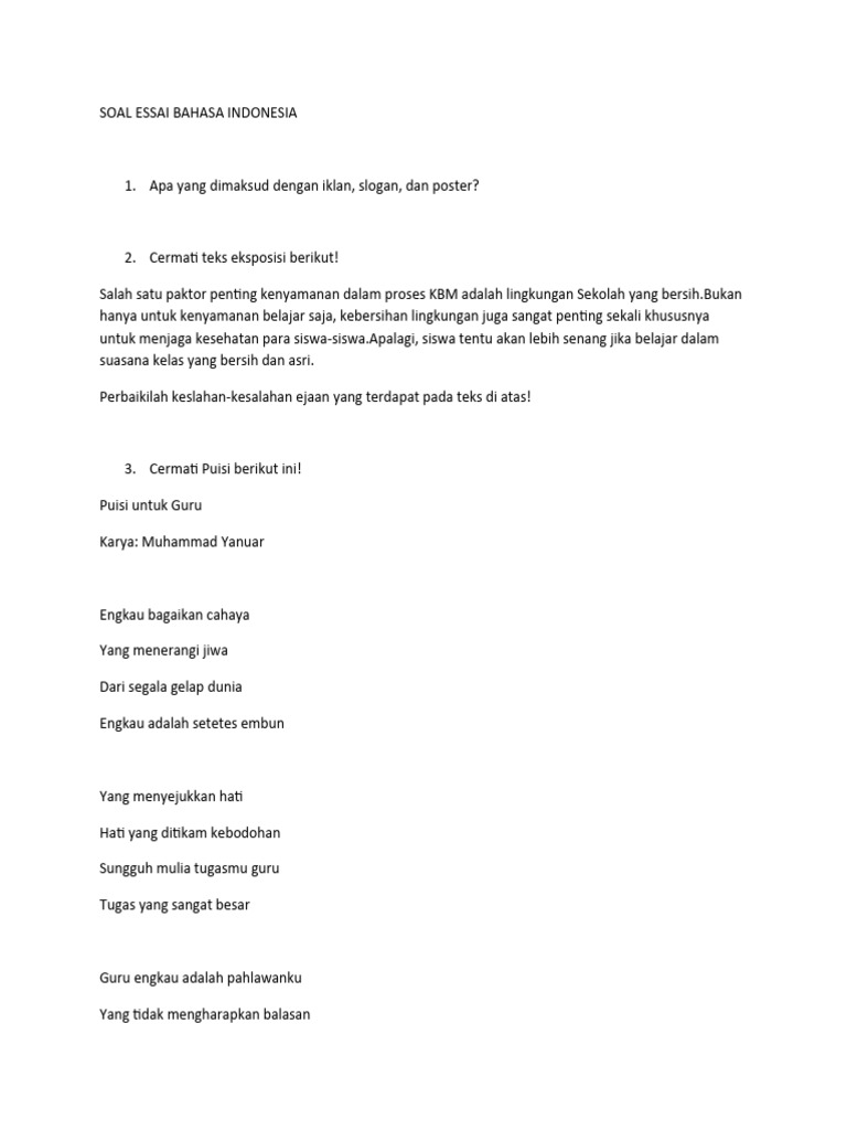 Soal Essai Bahasa Indonesia Kelas 8 | PDF