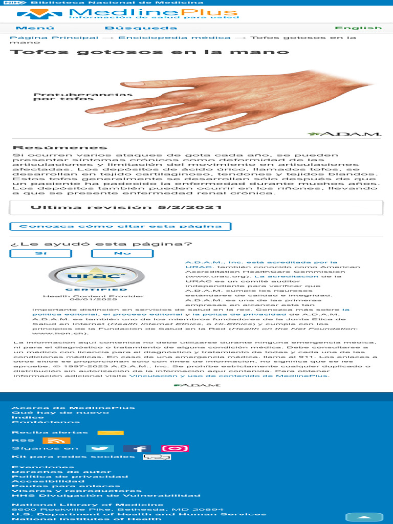 Tofos Gotosos en La Mano MedlinePlus Enciclopedia Médica Illustración | PDF | Gota | Medicina