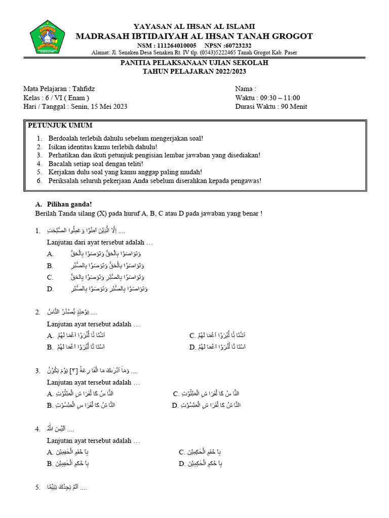 SOAL UJIAN TAHFIDZ Kls. 6 2023 | PDF | Seni & Disiplin Bahasa
