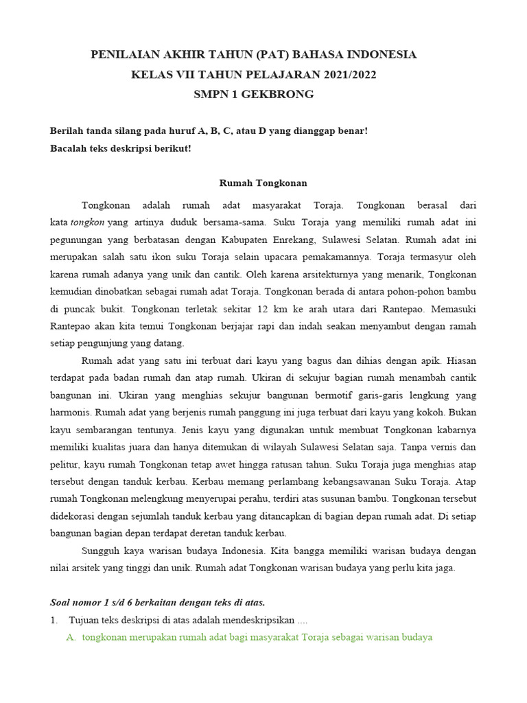 PAT Bindo Kls 7 2021 | PDF | Seni & Disiplin Bahasa | Fiksi Umum