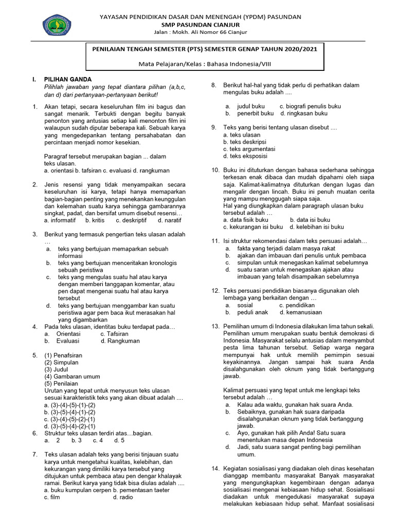 Soal PTS Kelas 8 Semester 2 Bindo 2021 | PDF