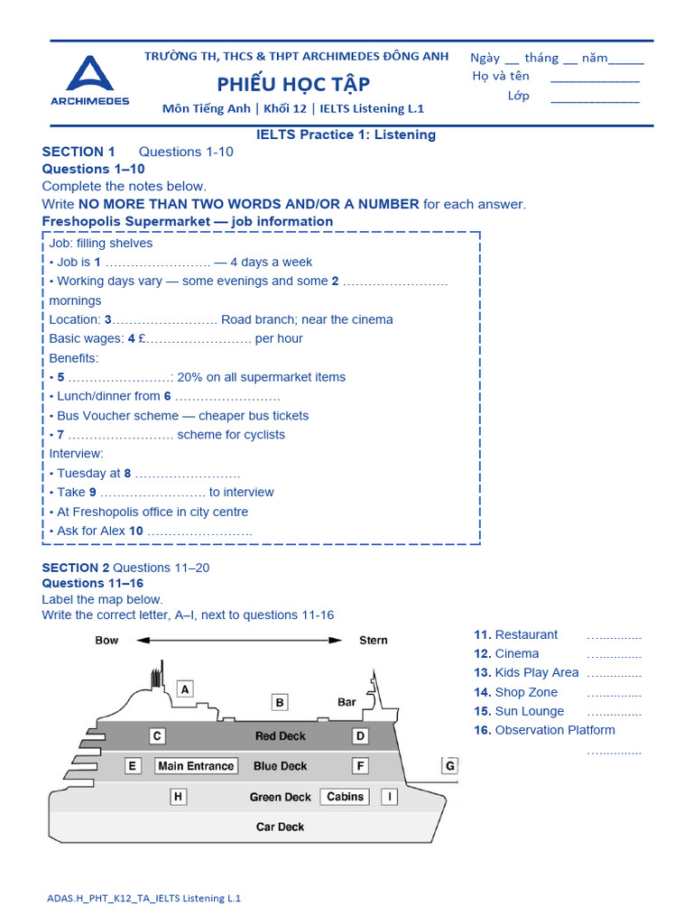 Adas.h PHT k12 Ta Listening Ielts 1 Practice | PDF