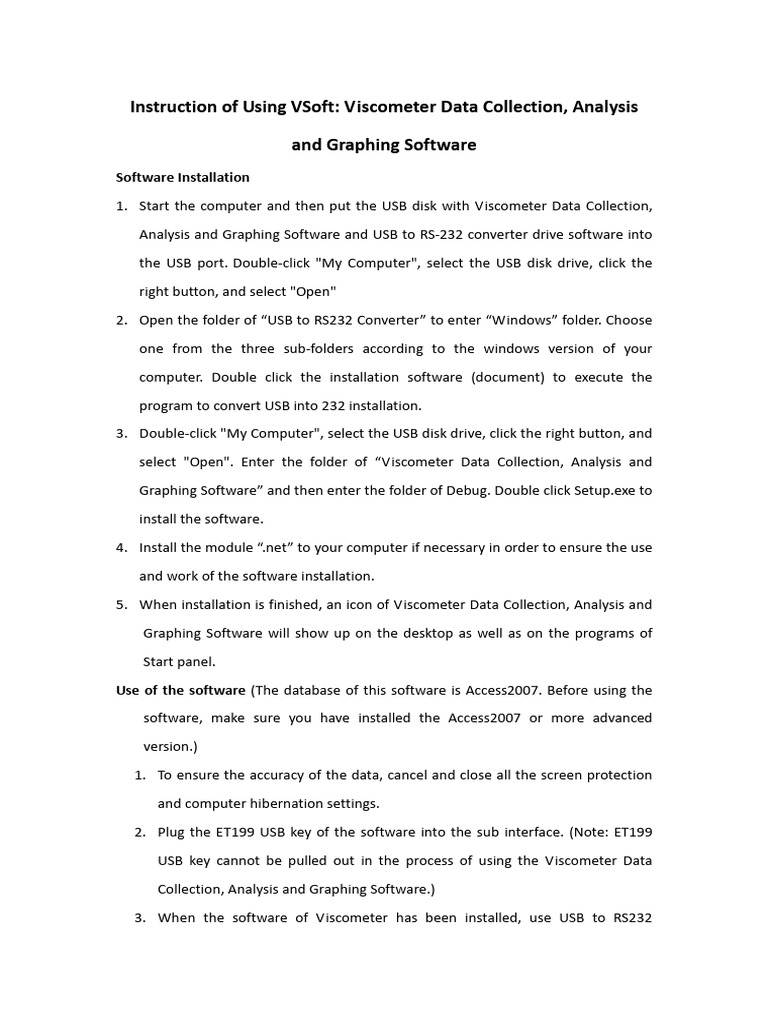 Instruction of Using VSoft Viscometer Data Collection, Analysis and Graphing Software-USB | PDF ...