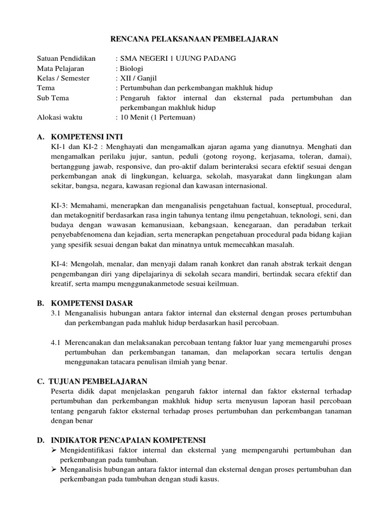 RPP Pertumbuhan Dan Perkembangan Makhluk Hidup | PDF | Karier & Perkembangan | Sains & Matematika