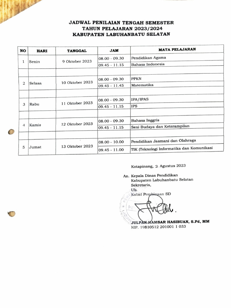 Jadwal UTS SD 2023/2024 Labuhanbatu | PDF