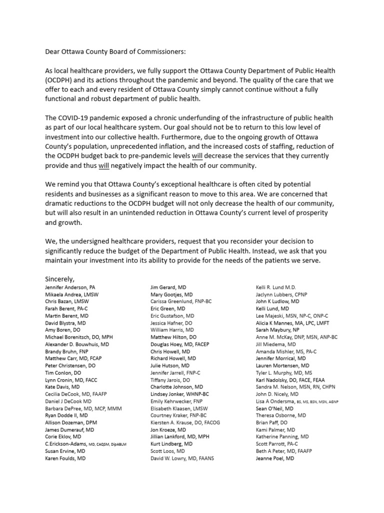 Healthcare Letter To Ottawa County Board of Commissioners | PDF | Health Care | Social Programs