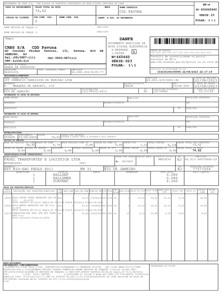 Danfe Crbs S A CDD Pavuna PDF Recibo Comunica o Escrita