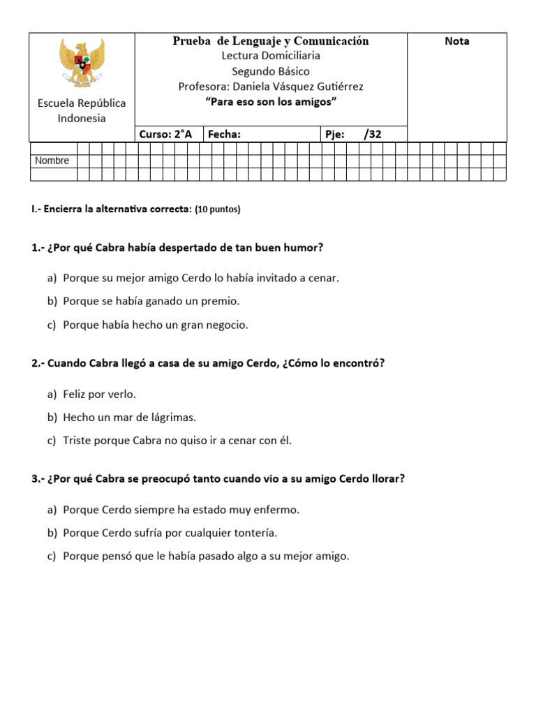 Prueba de Lectura: "Para eso son los amigos" | PDF