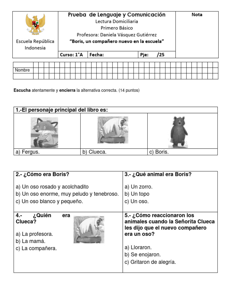 Prueba de comprensión: Boris en la escuela | PDF | Ficción general