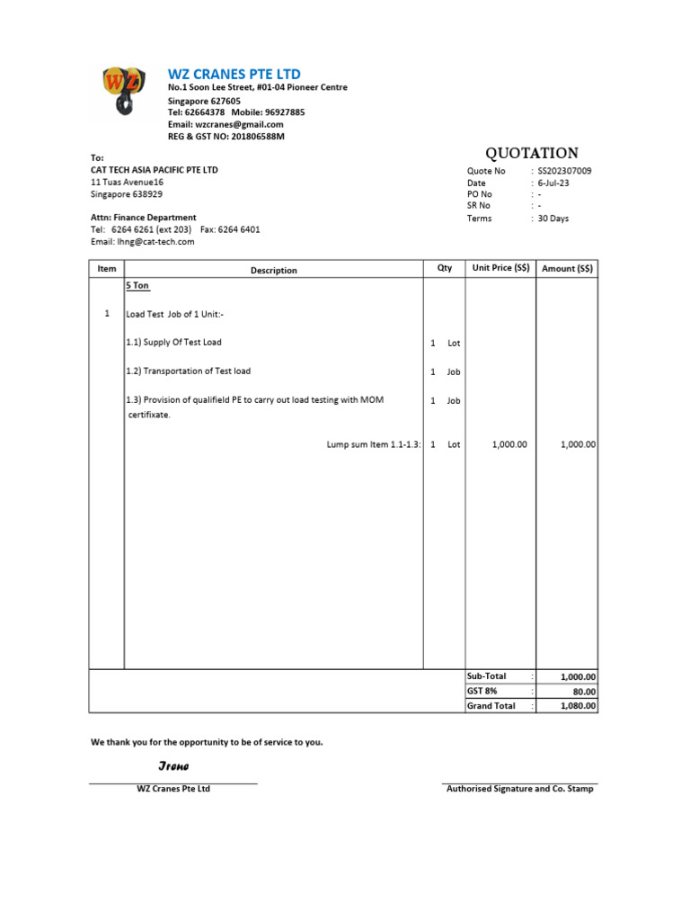 WZ Cranes Quotation for Load Testing | PDF