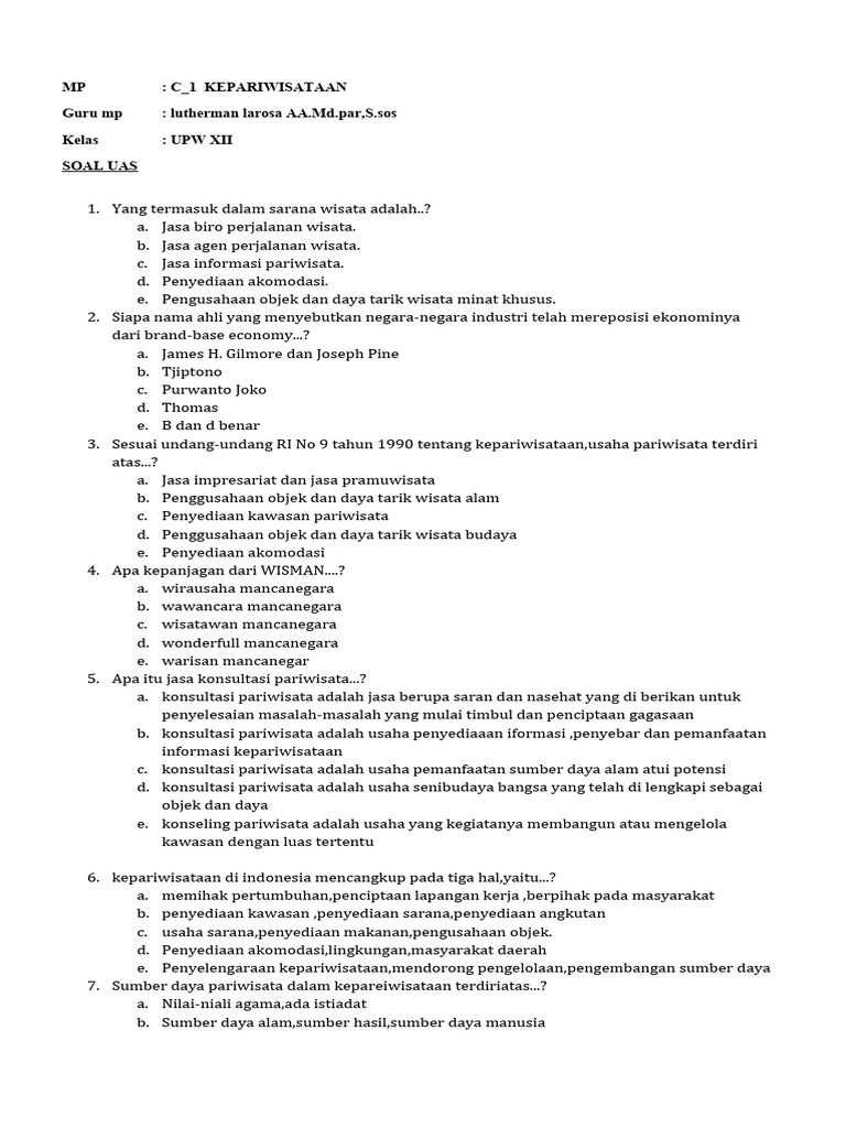 Soal Uas C 1 Kepariwisataan | PDF | Perjalanan