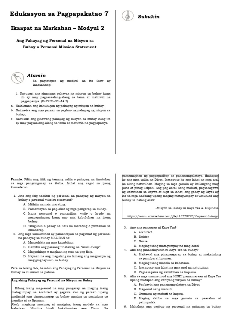 EsP7 Q4 Mod2 AngPahayagngPersonalnaMisyonsaBuhayoPersonalMissionStatement | PDF