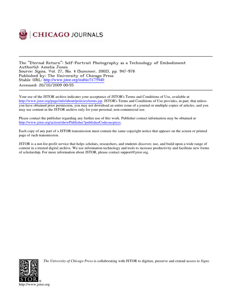 Amelia Jones The Eternal Return Selfportrait Photography As A Technology of Embodiment 1 | PDF ...