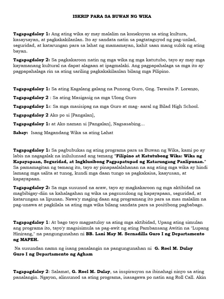 Buwan Ng Wika Iskrip 2019 Script Buwan Ng Wika 2019 Launching She - Free Schedule & Planner ...